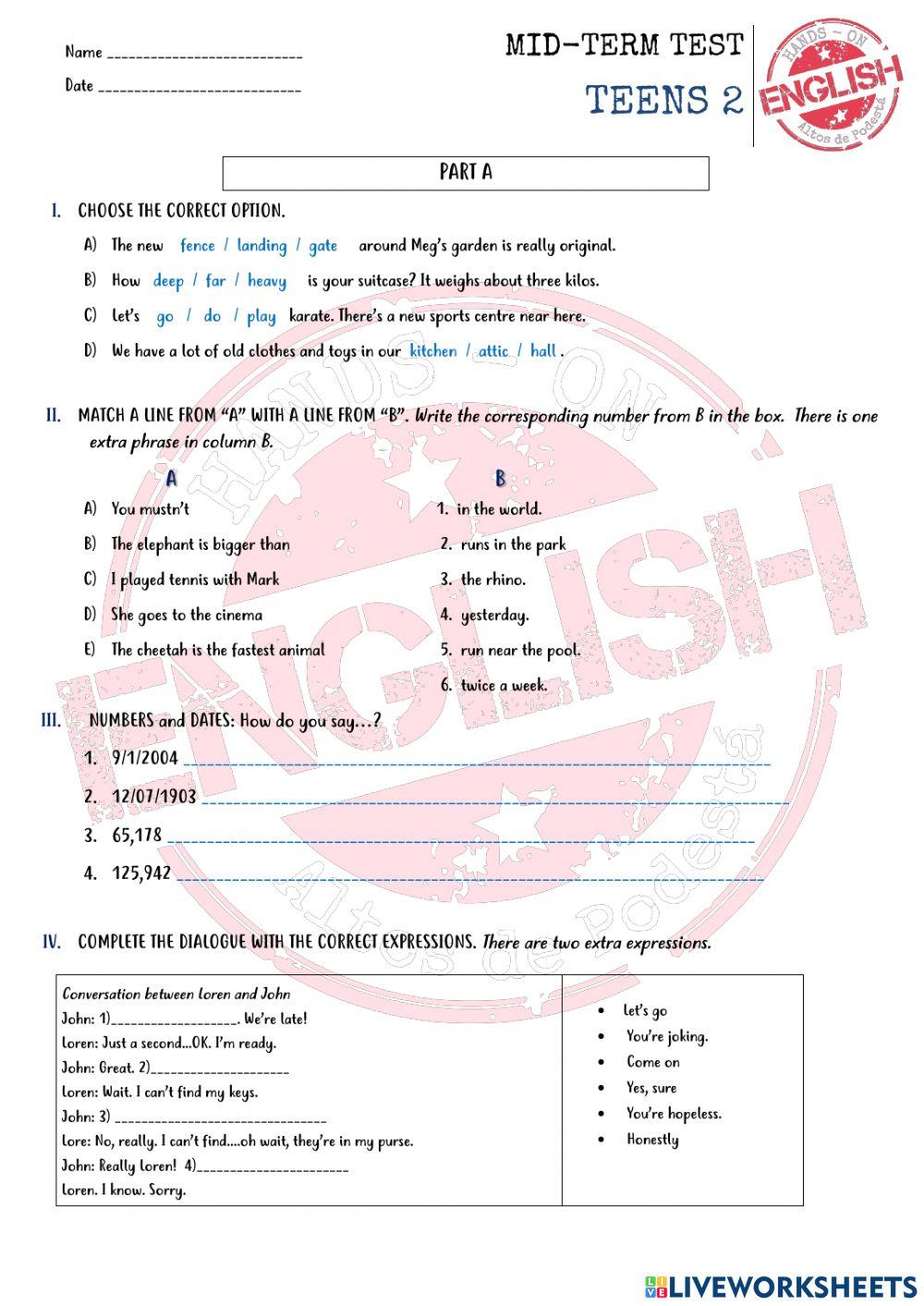 Test teens 2 worksheet | Live Worksheets