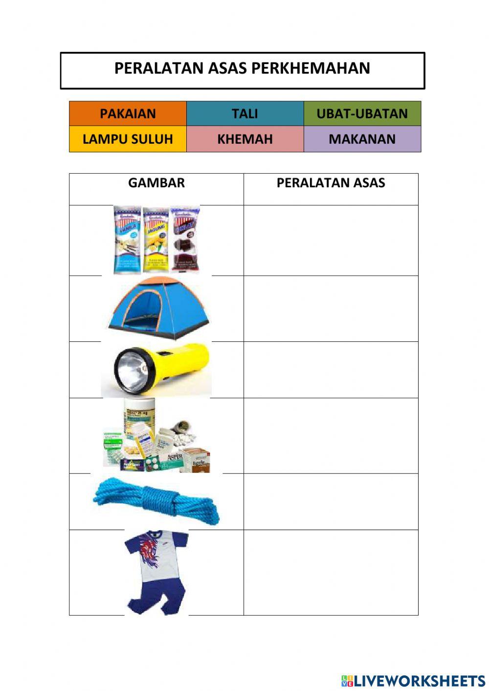 Peralatan perkhemahan worksheet | Live Worksheets