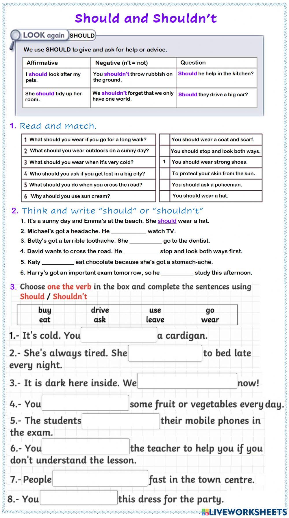 SHOULD-SHOULDN'T - TASK 10 online exercise for | Live Worksheets
