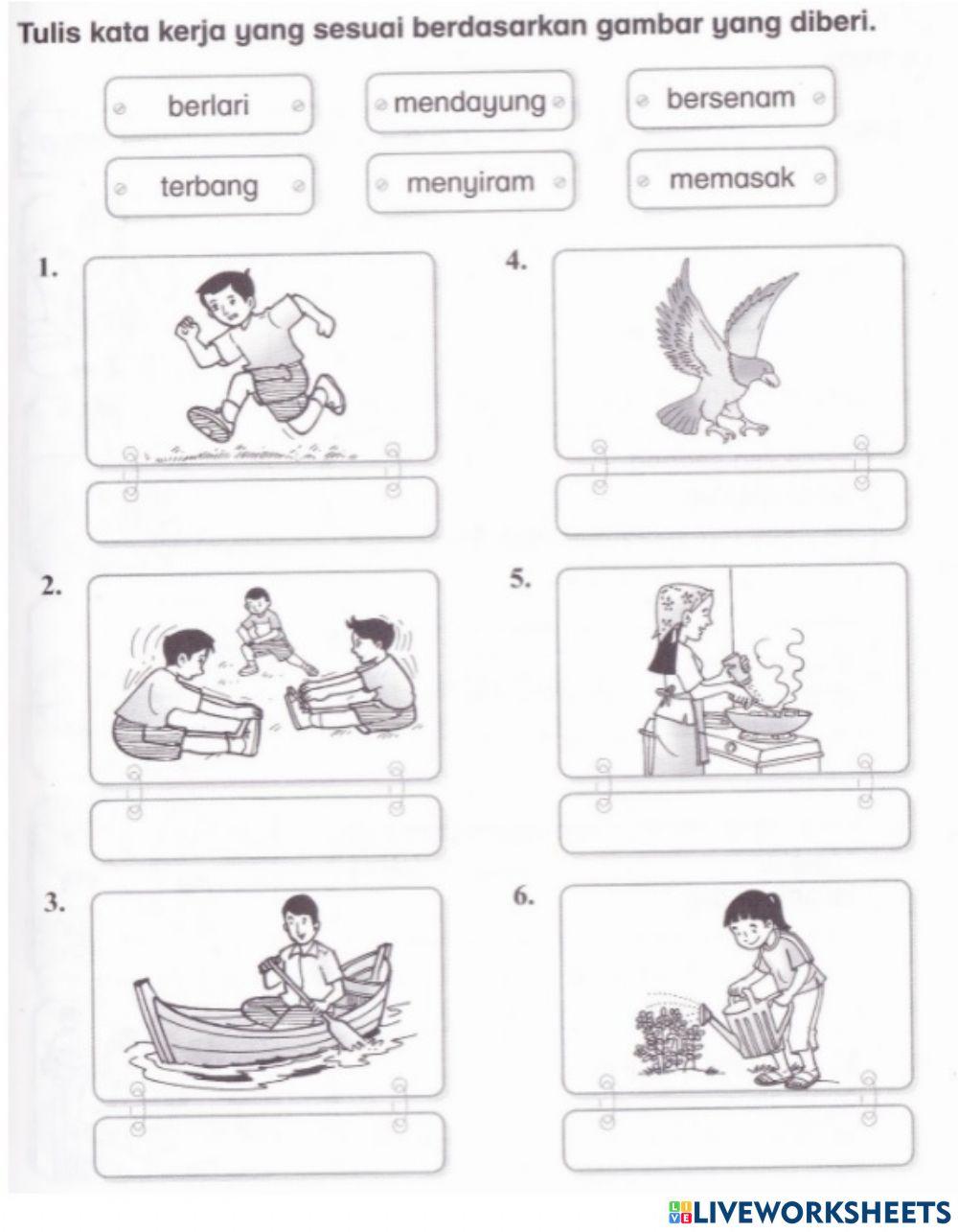 Tulis kata kerja yang sesuai berdasarkan gambar worksheet | Live Worksheets