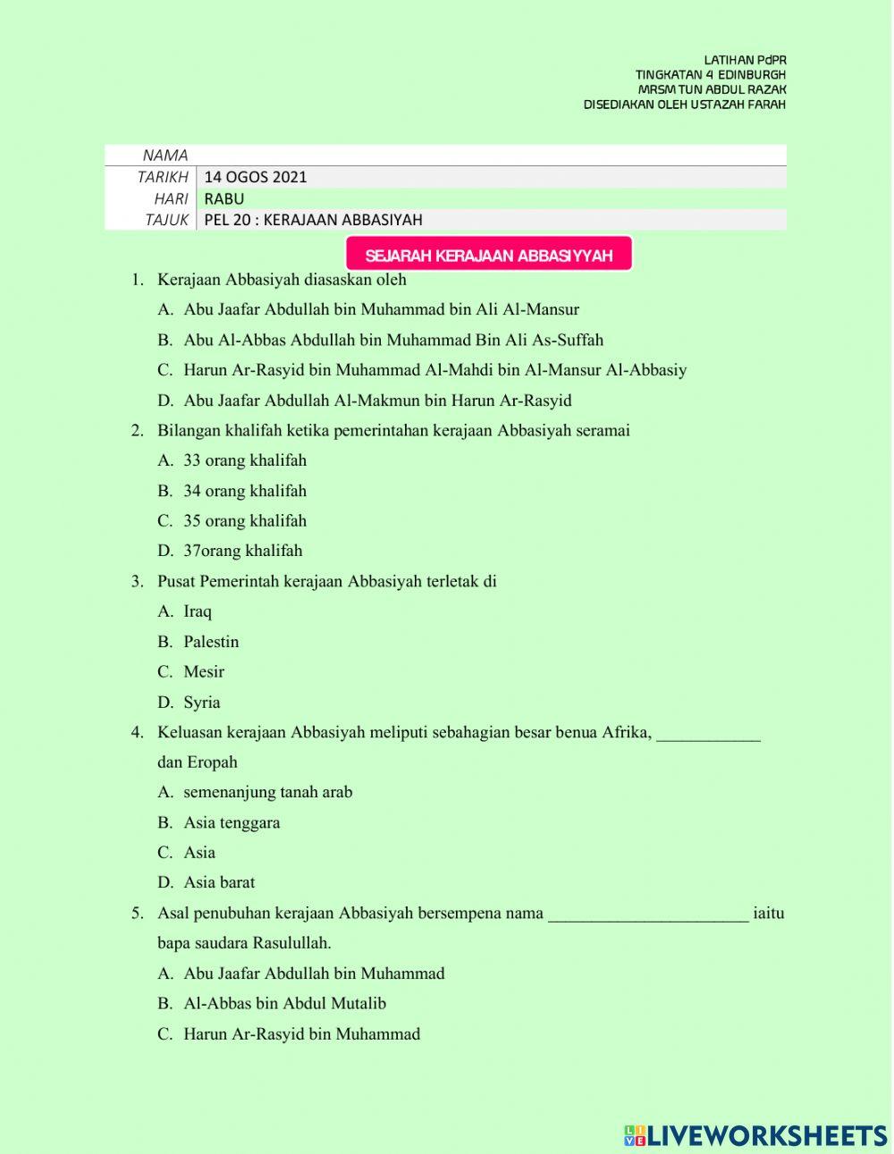 Kerajaan Abbasiyyah worksheet | Live Worksheets