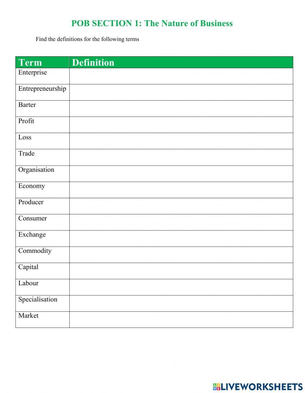POB Section 1 Definitions online exercise for | Live Worksheets