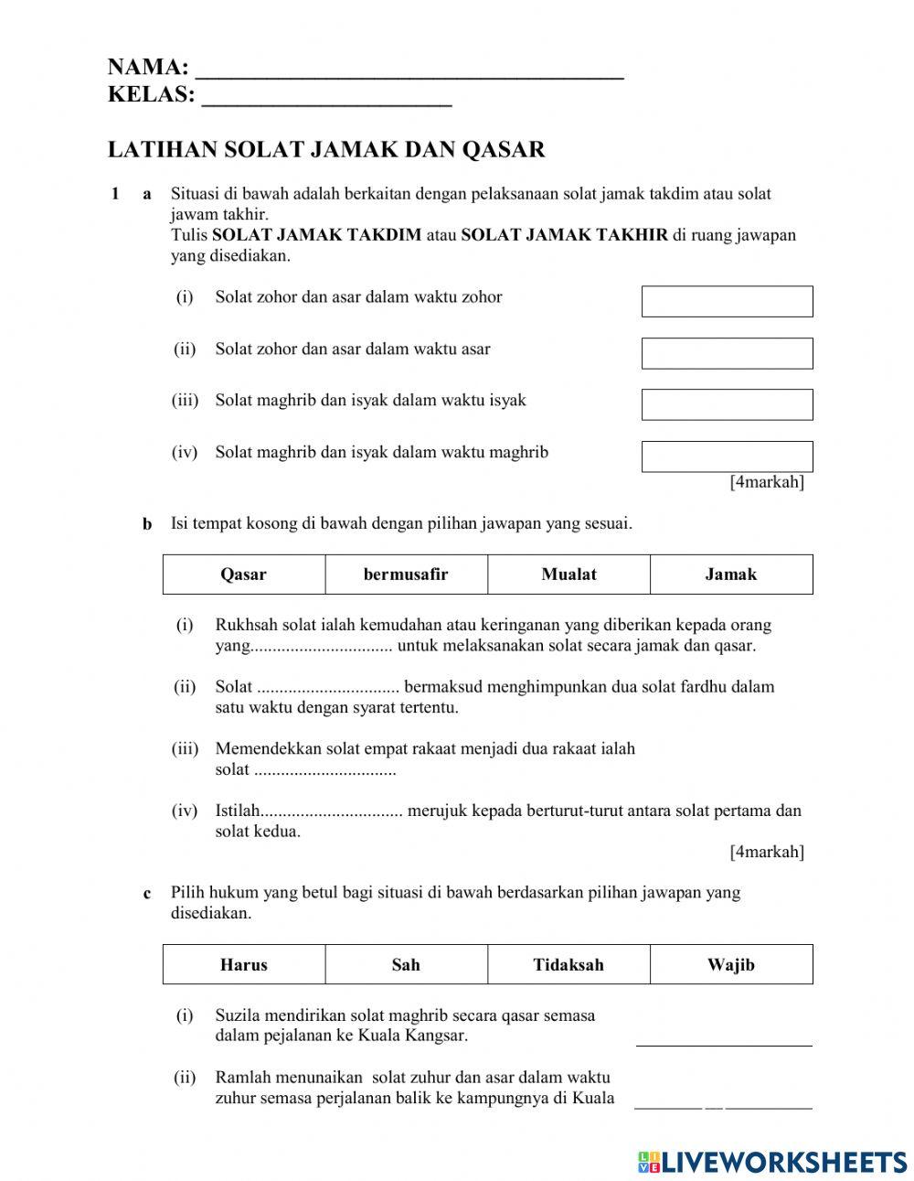 LATIHAN SOLAT JAMAK DAN QASAR online exercise for | Live Worksheets