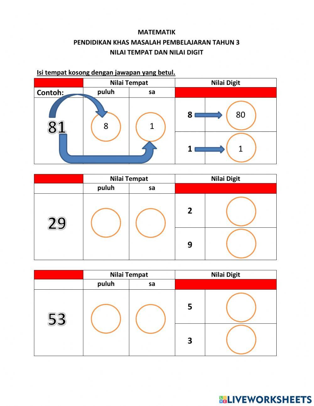 Nilai tempat dan nilai digit online pdf worksheet | Live Worksheets