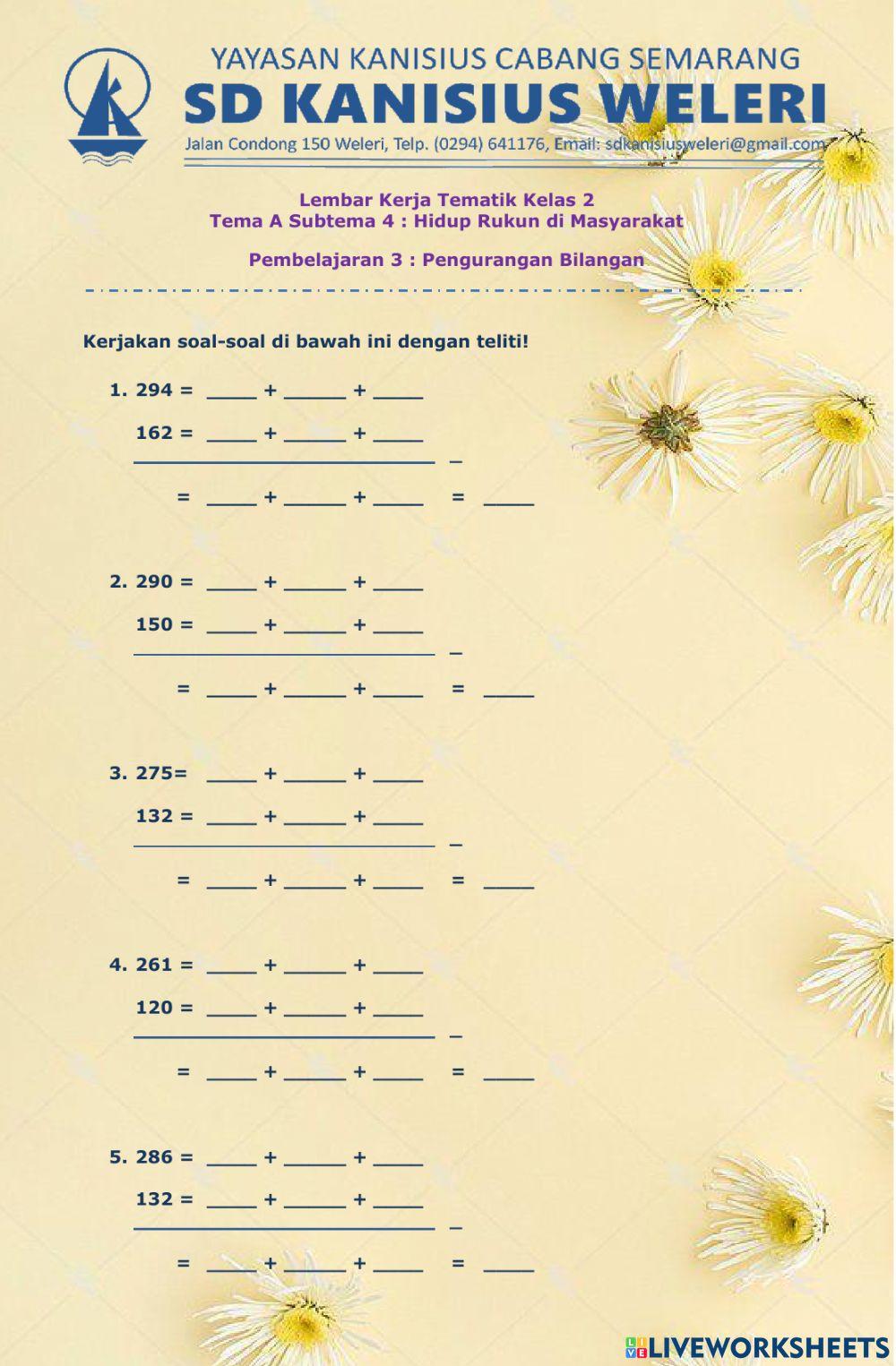 LK. Tematik Pengurangan worksheet | Live Worksheets