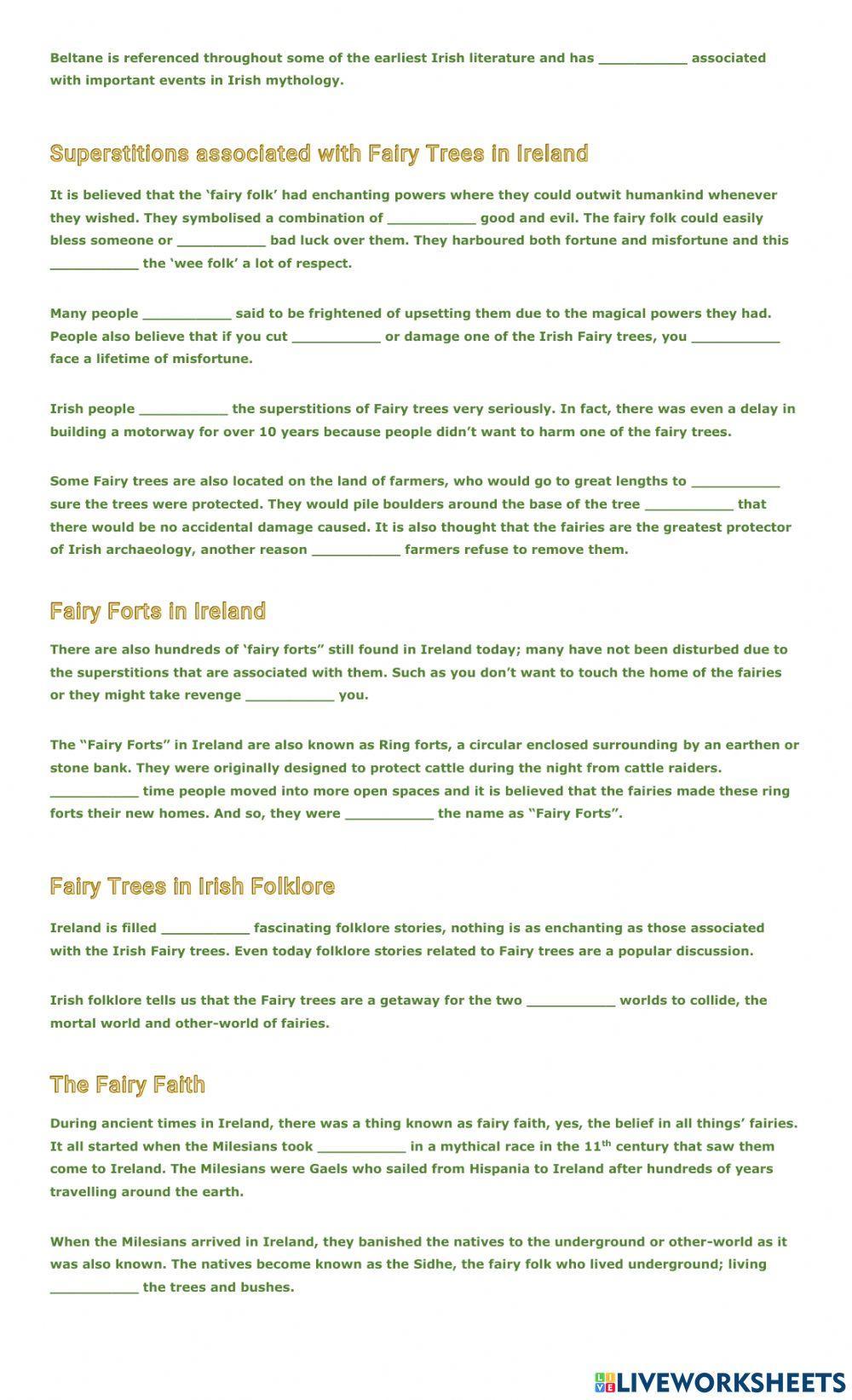 The Superstitious Fairy Trees in Ireland worksheet | Live Worksheets