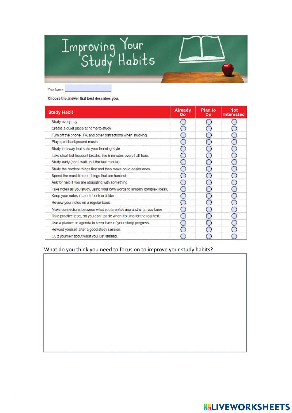 M1.5 Study Habits 5123402 | Piratato | Live Worksheets