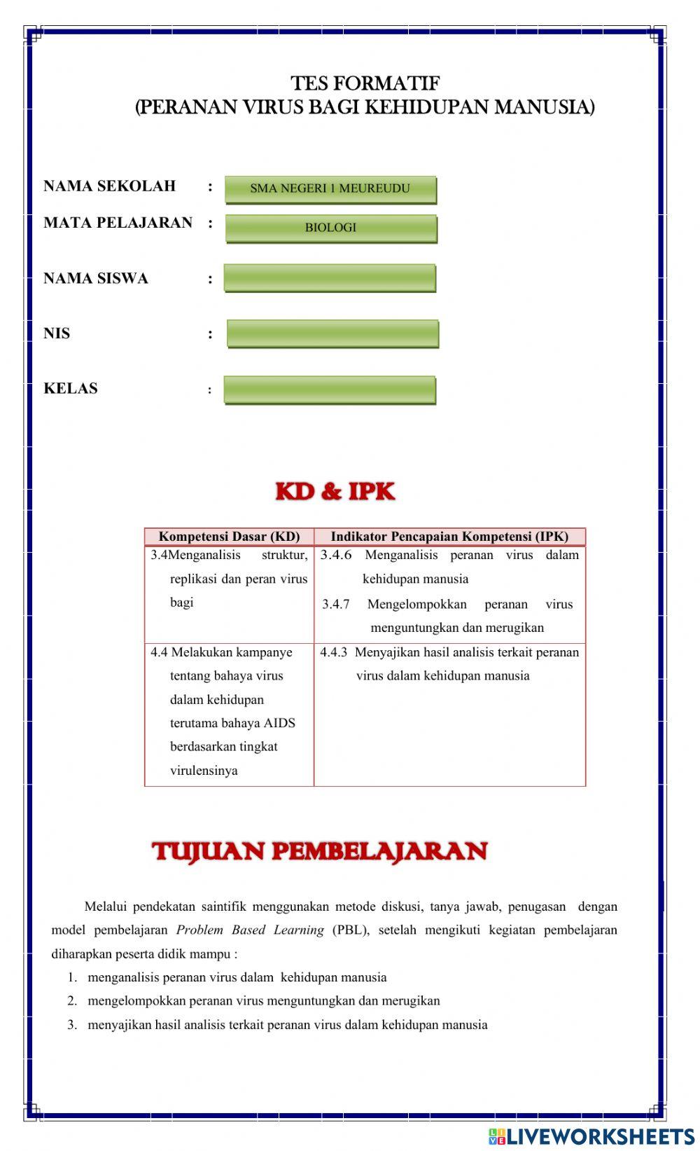 Tes formatif | Free Interactive Worksheets | 1253227