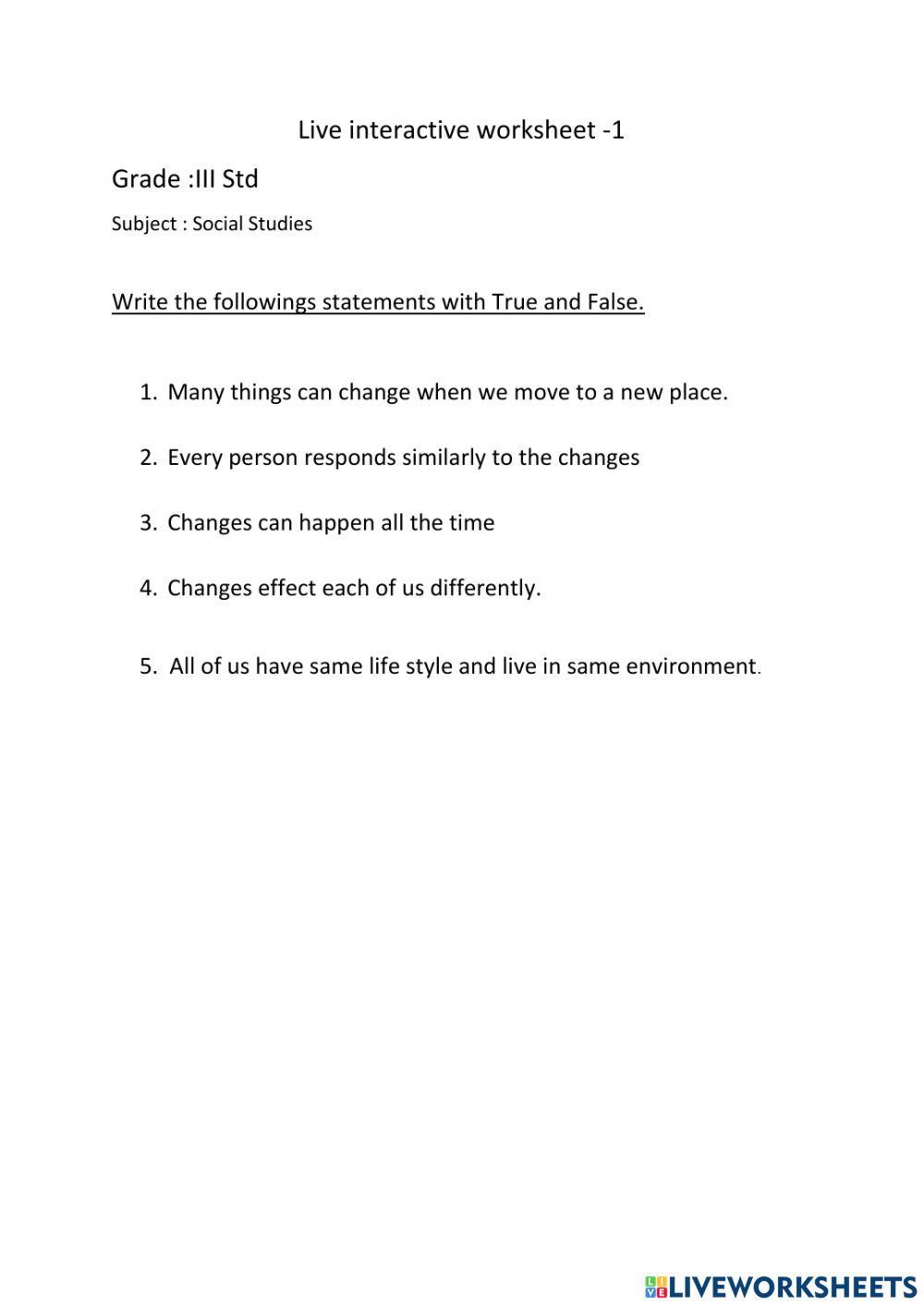 Worksheet -1 Changes in life 1253172 | Nagarajmargol