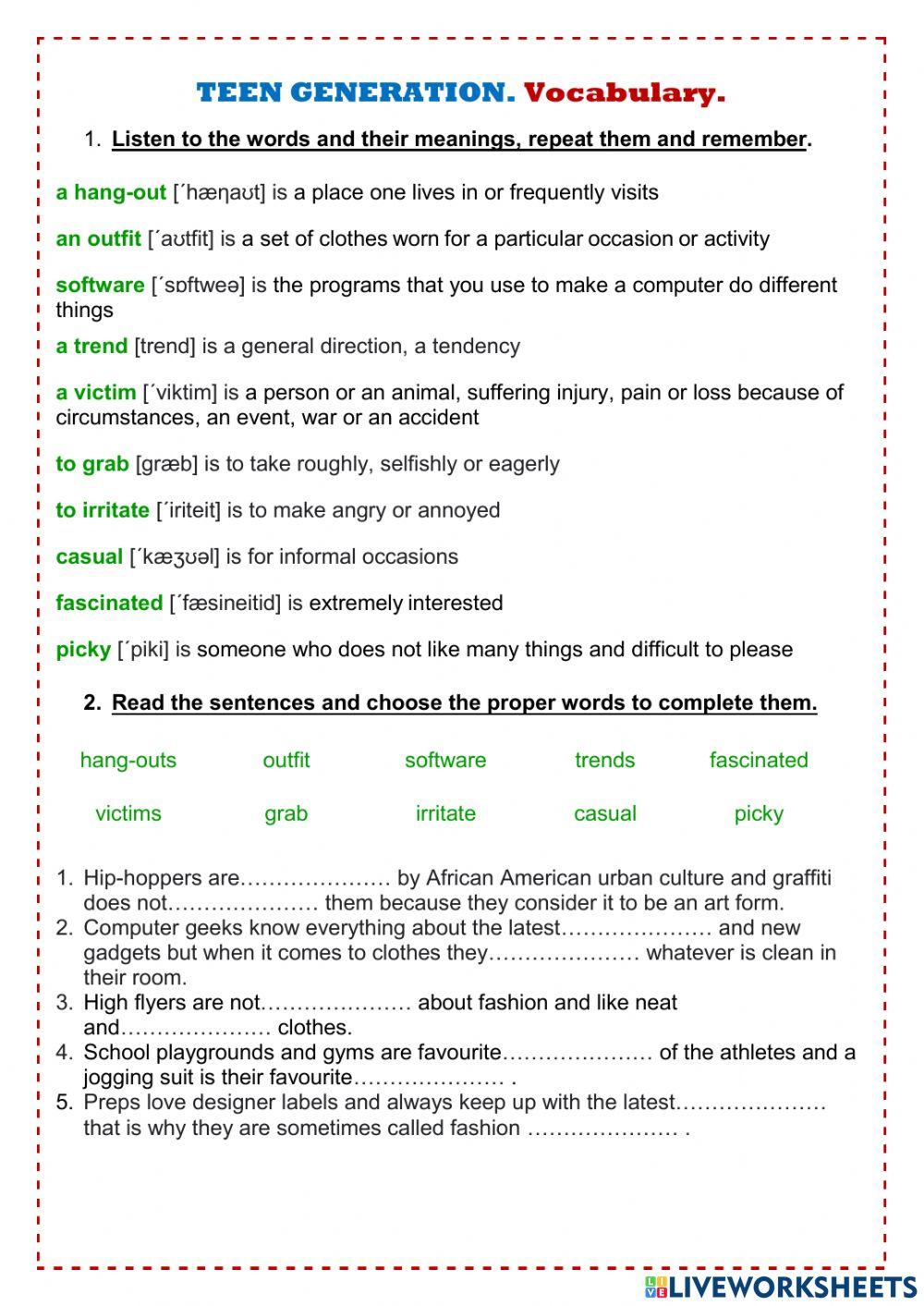 TEEN GENERATION… | Free Interactive Worksheets | 1253619