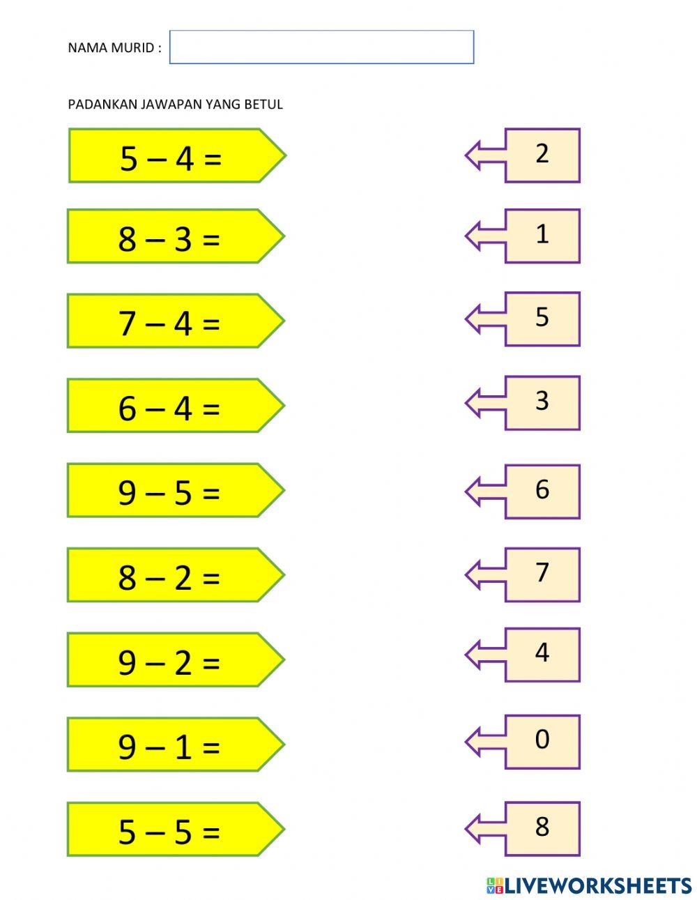 Tolak online exercise for tahun 1 | Live Worksheets