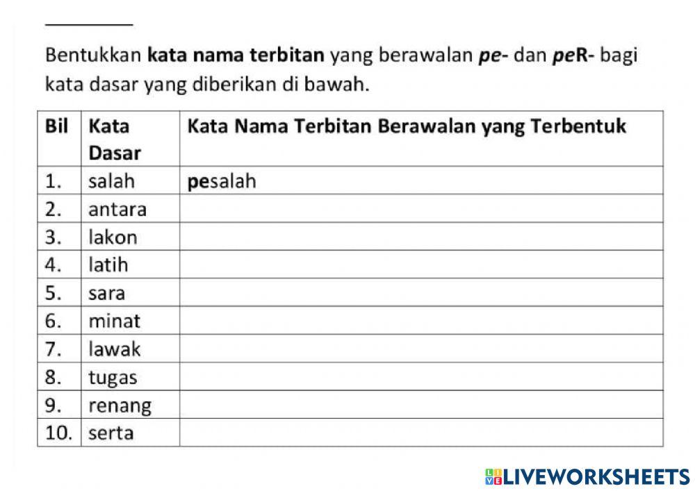 Kata Nama Terbitan interactive worksheet | Live Worksheets
