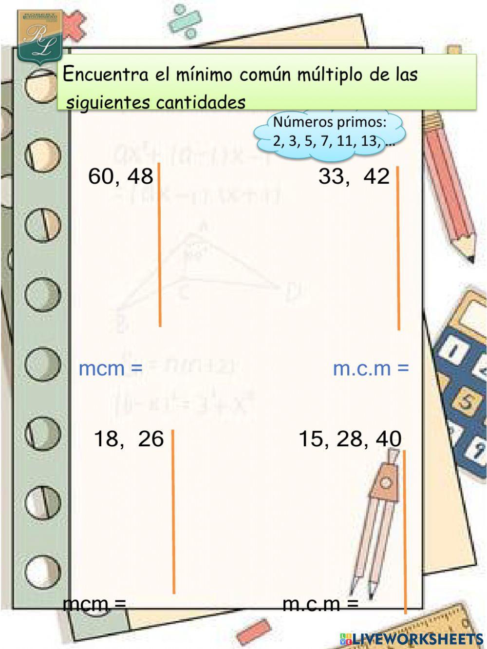 Practicamos y aprendemos M.C.M interactive worksheet | Live Worksheets
