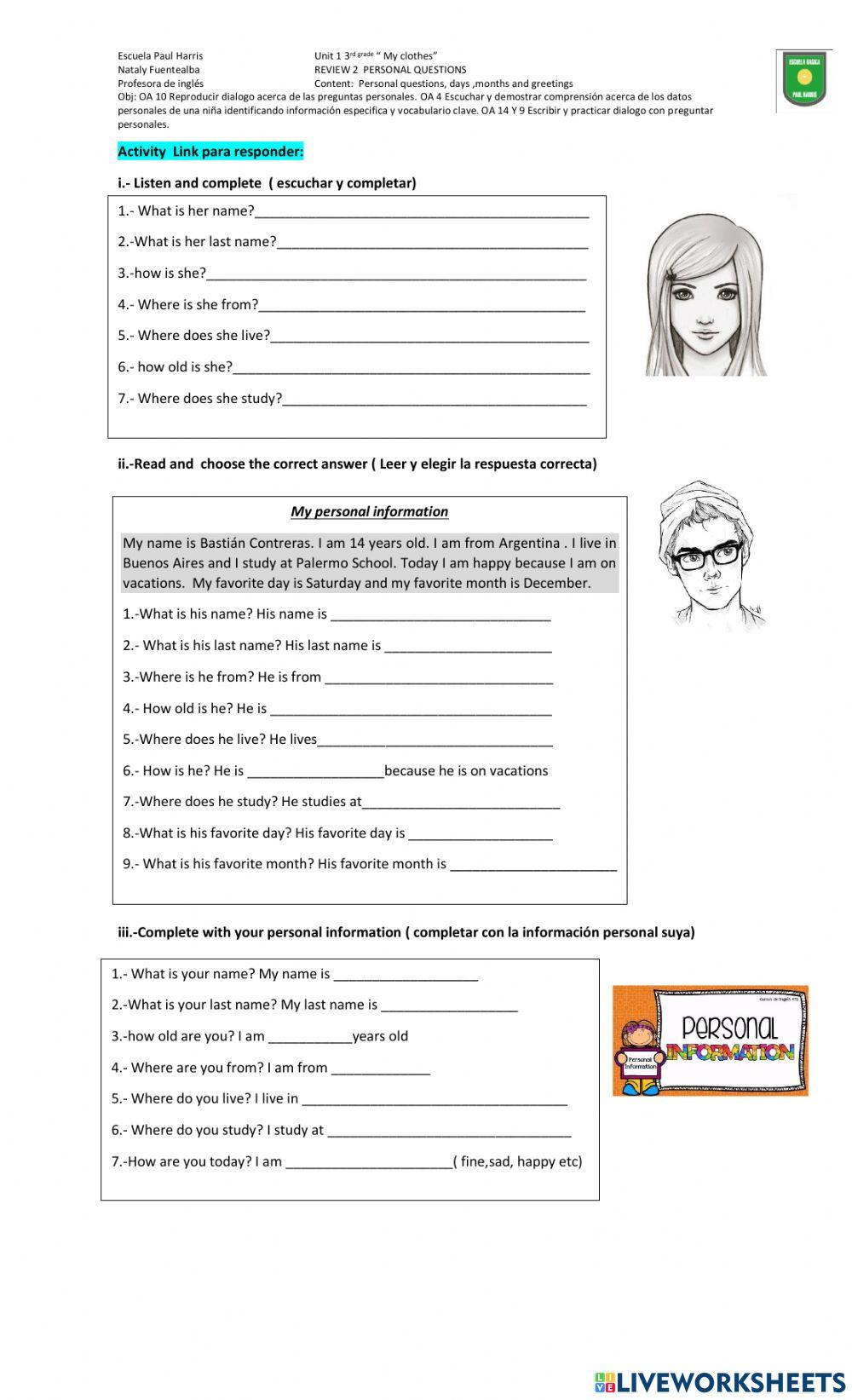 Review 2 personal questions unit 1 3rd grade worksheet | Live Worksheets