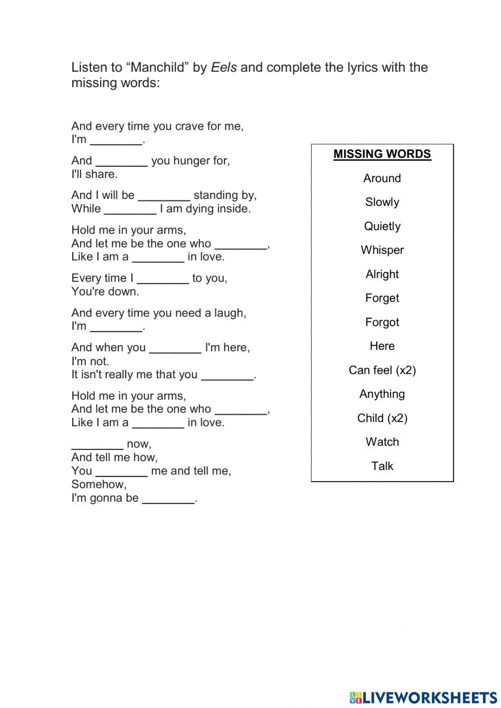 A1 song worksheet manchild eels worksheet | Live Worksheets