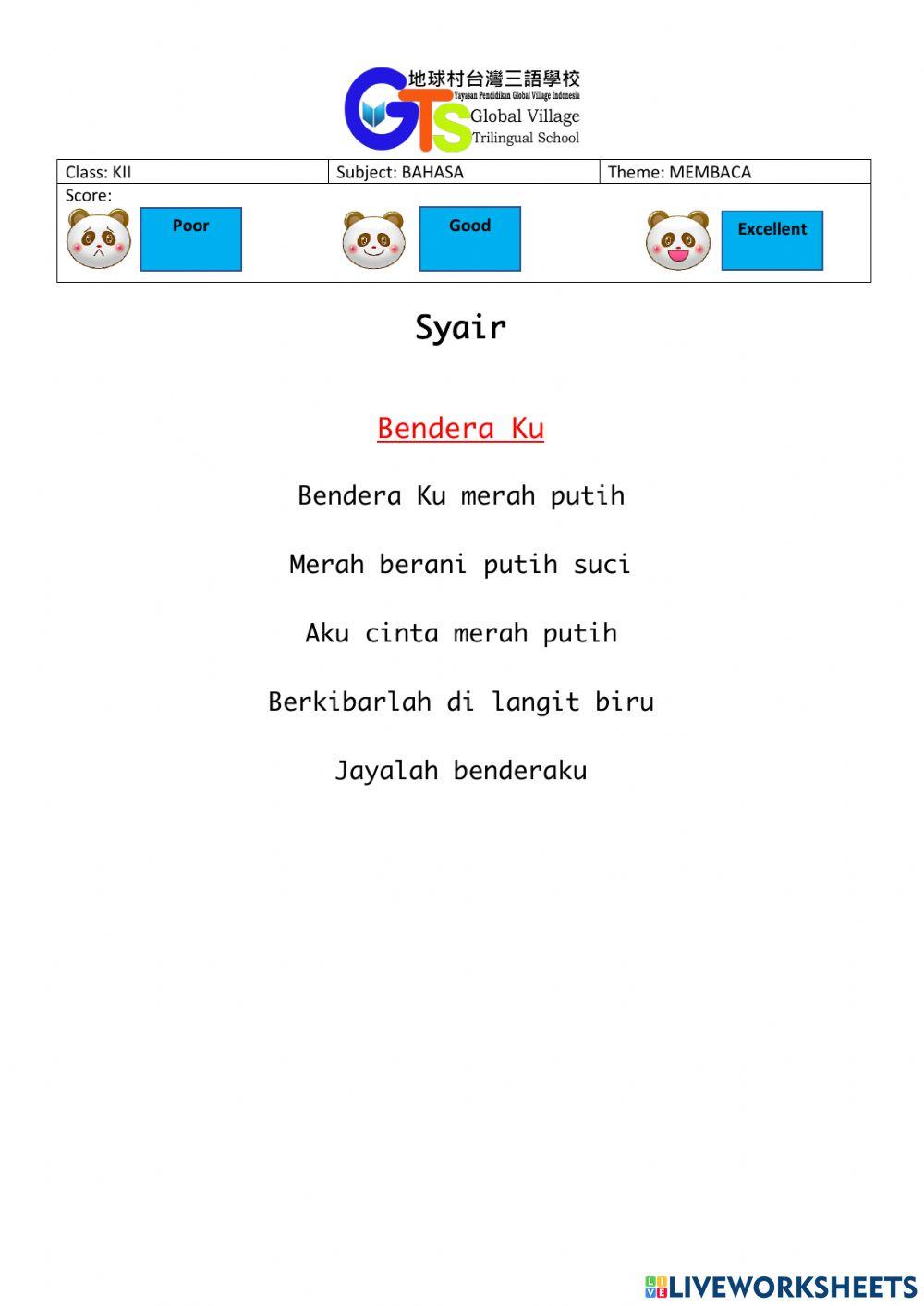 Membaca syair worksheet | Live Worksheets