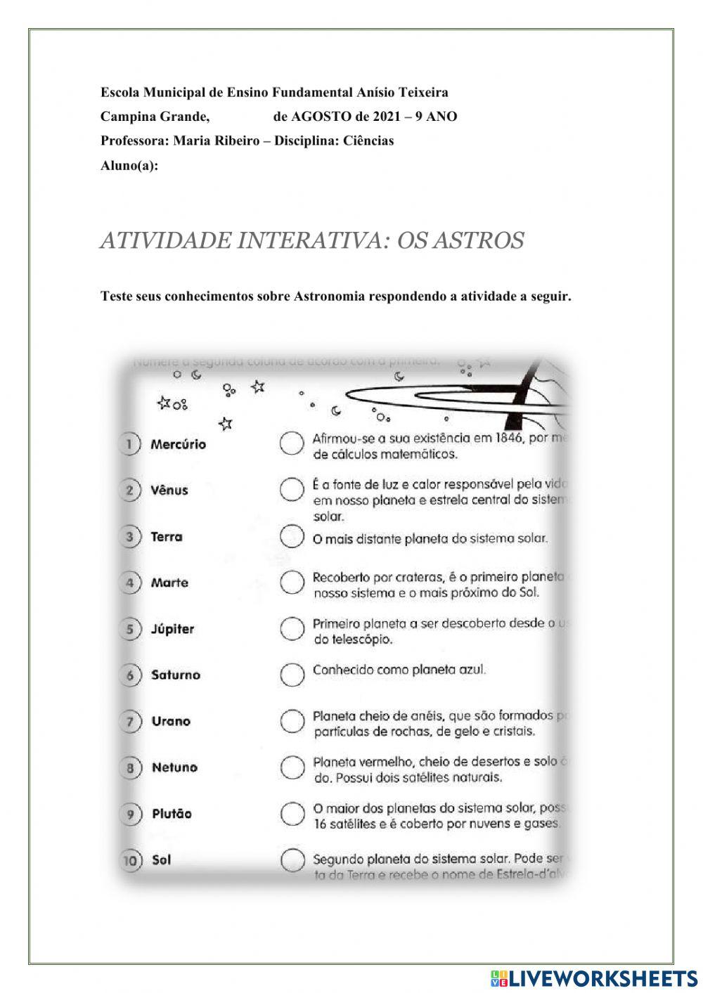 Os astros worksheet | Live Worksheets