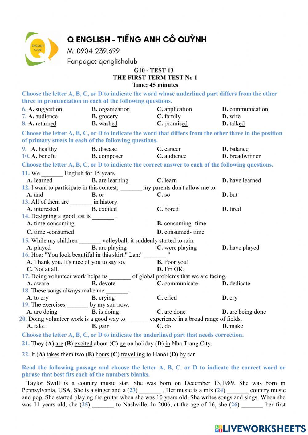 G10-the first term test no 1 worksheet | Live Worksheets