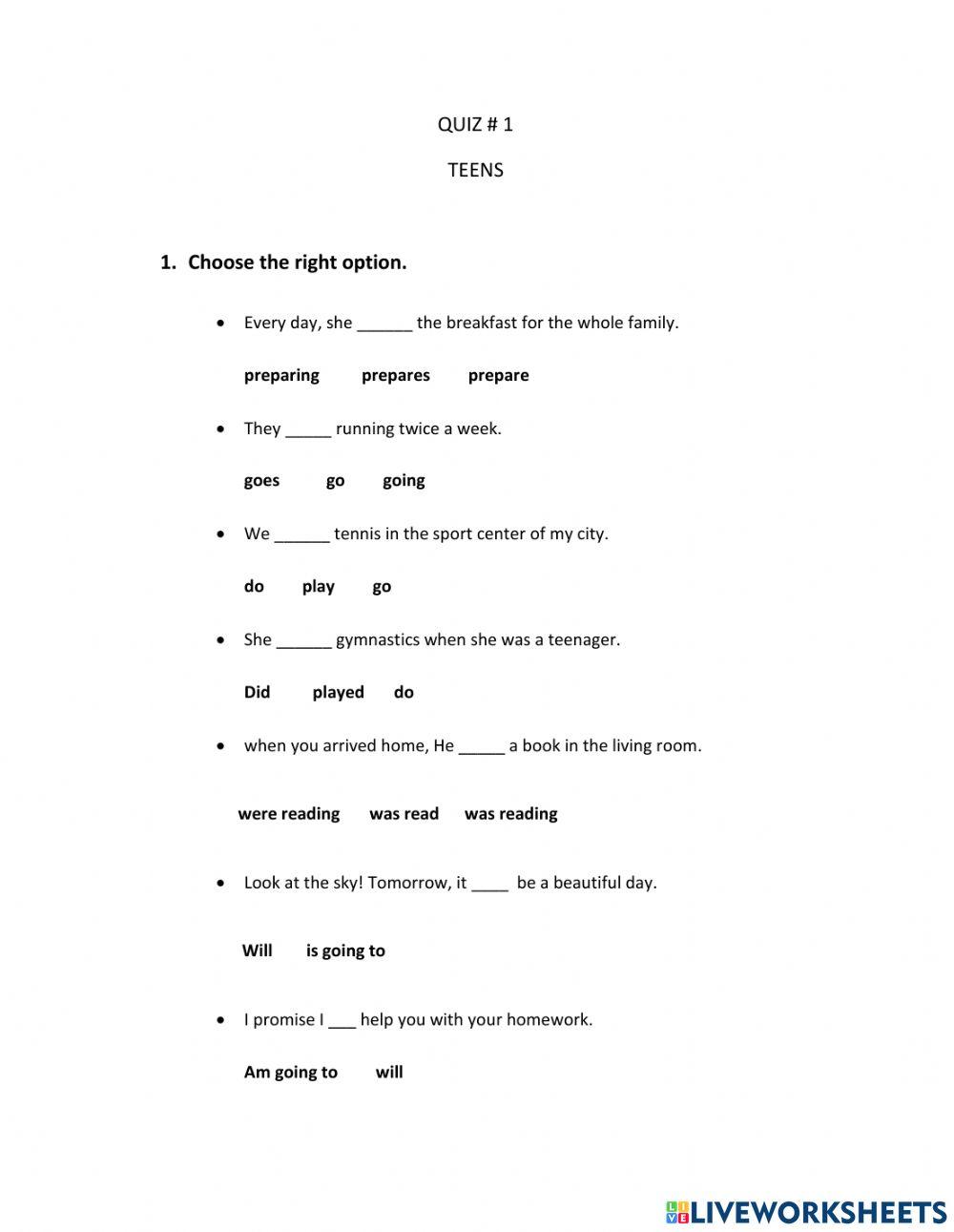 Quiz 1- Teens worksheet | Live Worksheets