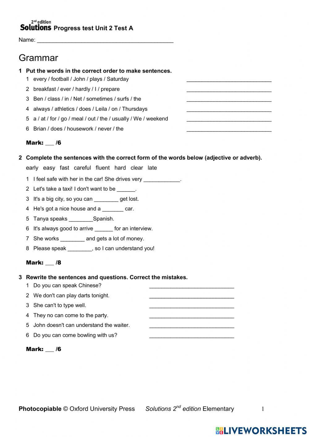 Solutions Ele - Unit 2 Progress test | Benjamin_School