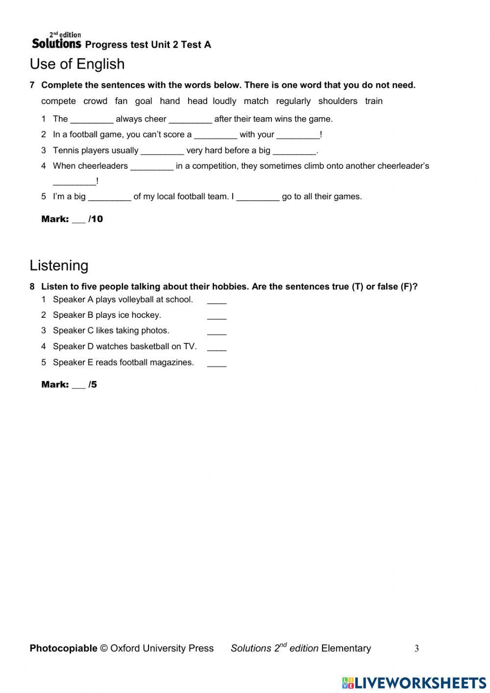 Solutions Ele - Unit 2 Progress test | Benjamin_School