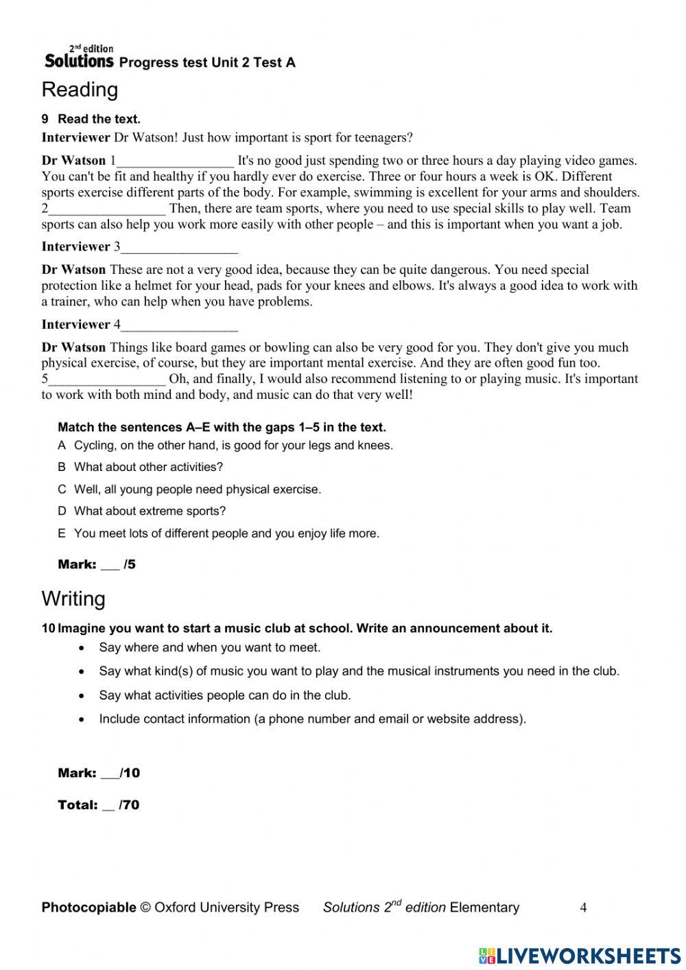 Solutions Ele - Unit 2 Progress test | Benjamin_School