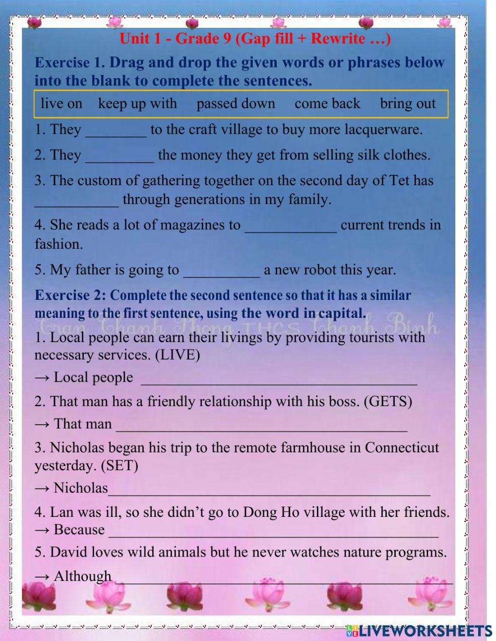 Exercise - Gap fill + Rewrite (Unit 1 - Grade 9) worksheet | Live Worksheets