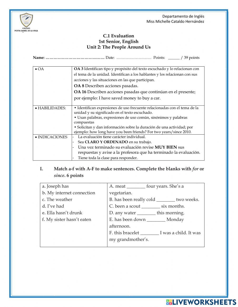 8th Middle, Test Unit 2, Lesson 2 worksheet | Live Worksheets