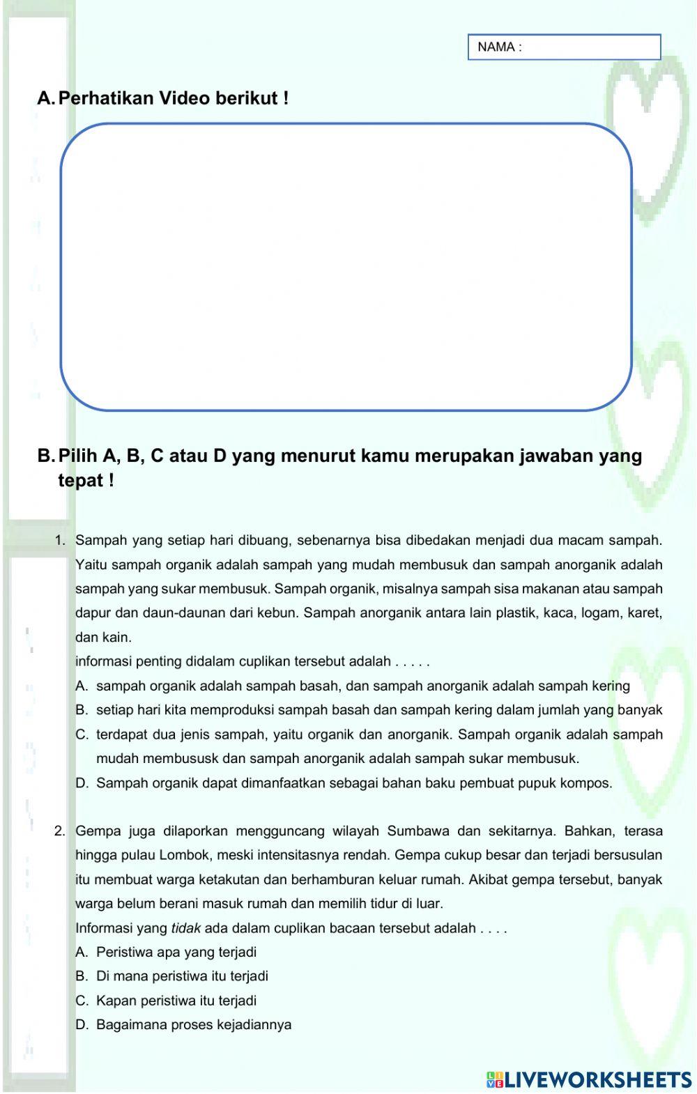 Informasi penting dari Teks worksheet | Live Worksheets