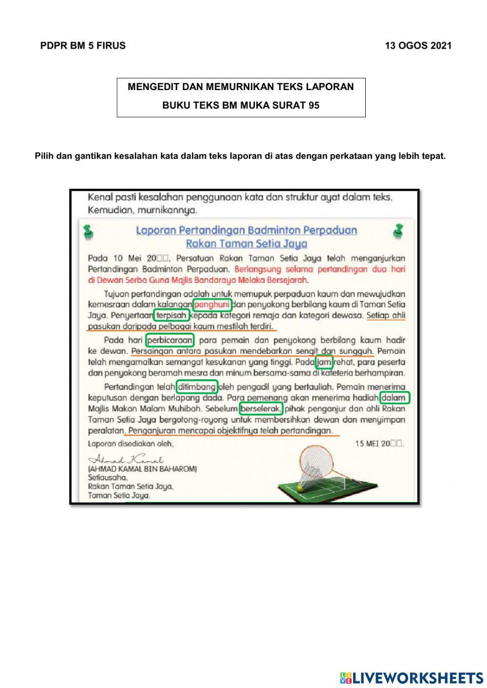 Edit dan murnikan teks laporan worksheet | Live Worksheets