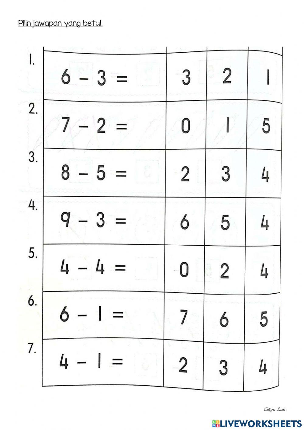 Operasi tolak online exercise for prasekolah | Live Worksheets