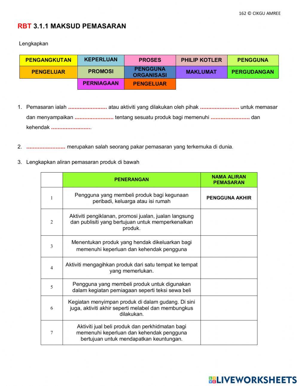 RBT maksud pemasaran interactive worksheet | Live Worksheets