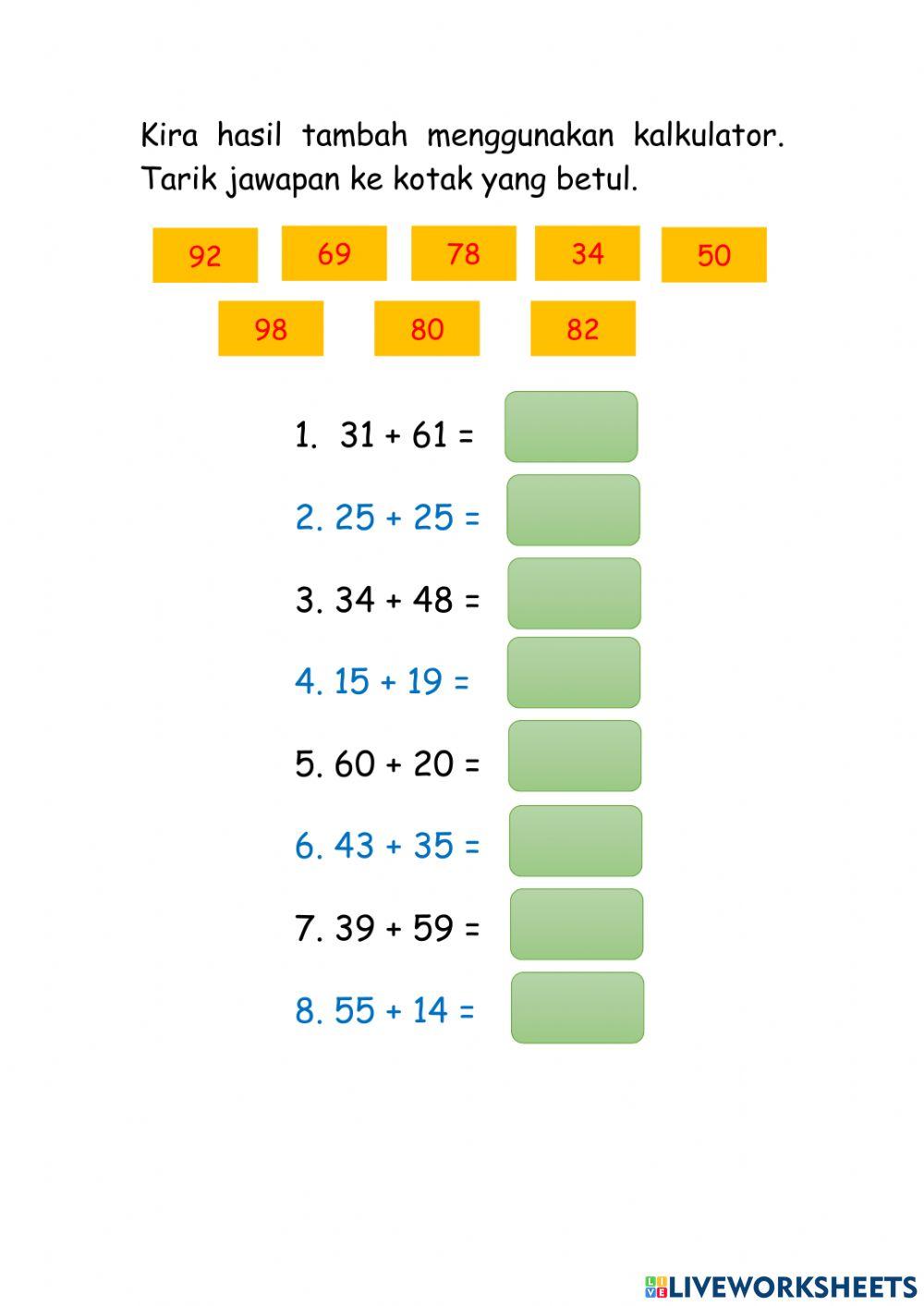 Kira hasil tambah menggunakan kalkulator worksheet | Live Worksheets
