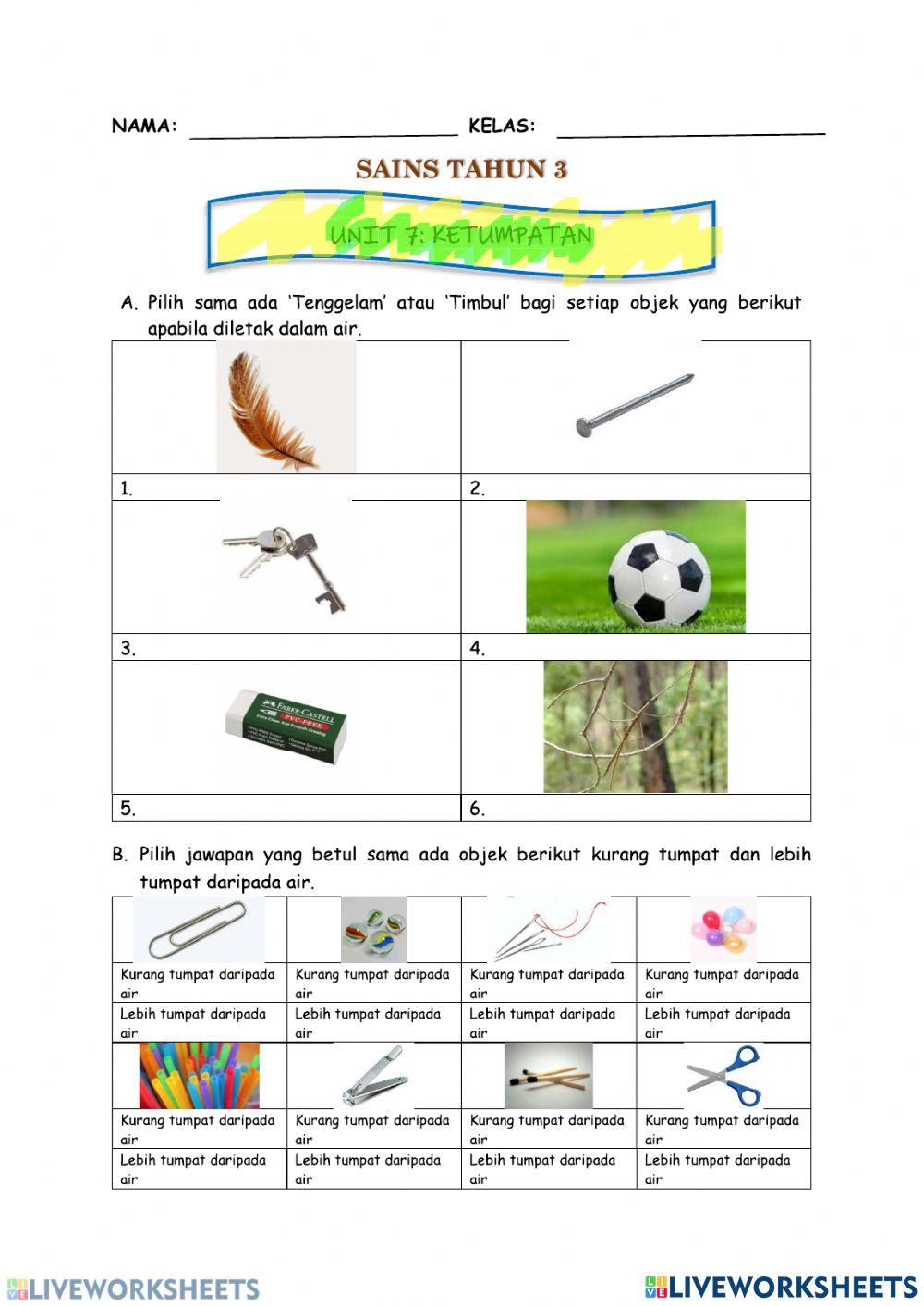 Tahun 3 Sains Unit 7 Ketumpatan worksheet | Live Worksheets
