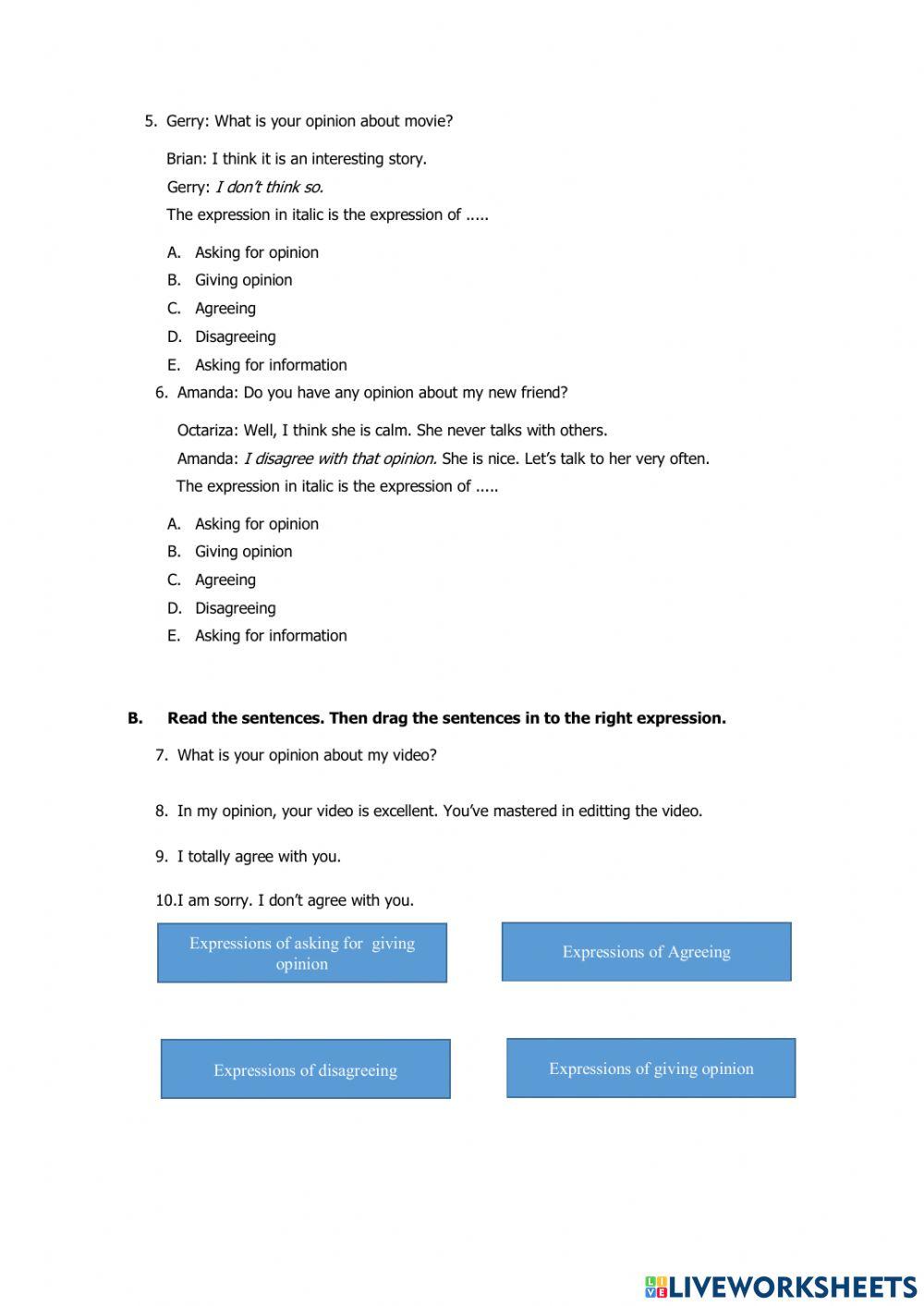 ASKING FOR AND GIVING OPINION QUIZ online exercise for | Live Worksheets