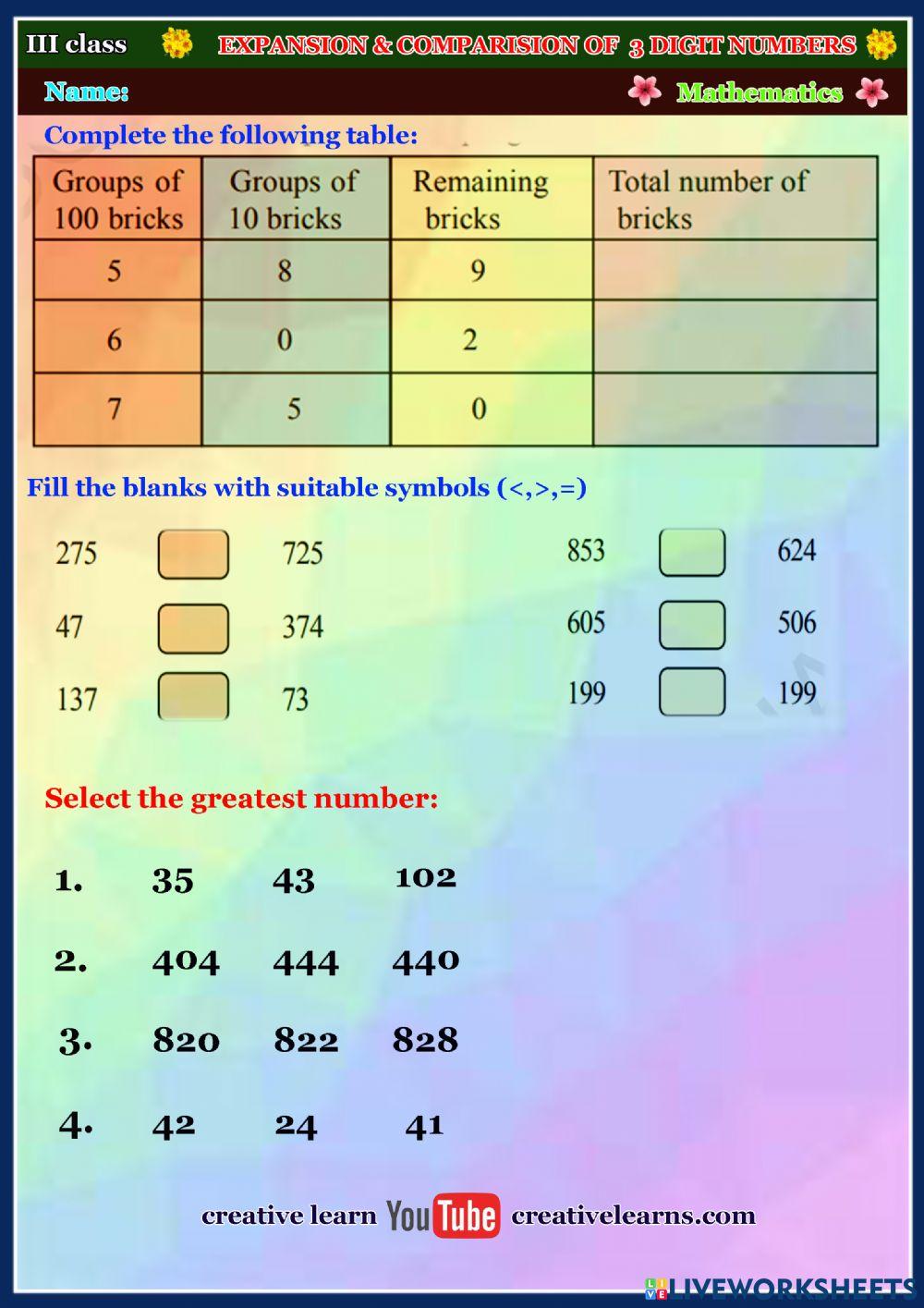 III mat numbers3 worksheet | Live Worksheets