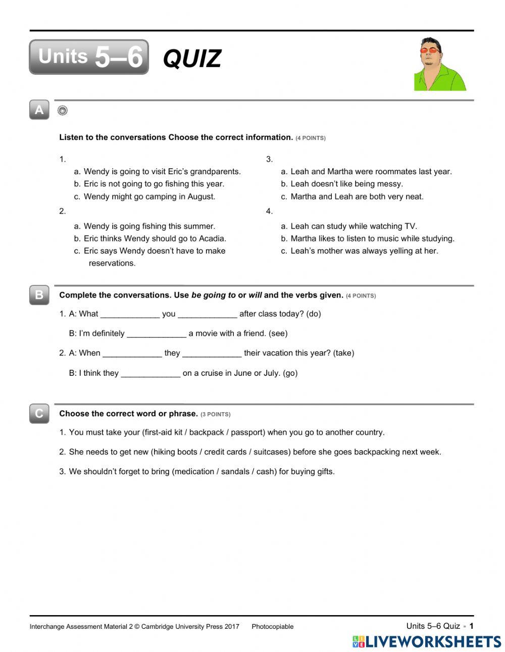 INTERCHANGE B2 QUIZ UNITS 5-6 online exercise for | Live Worksheets