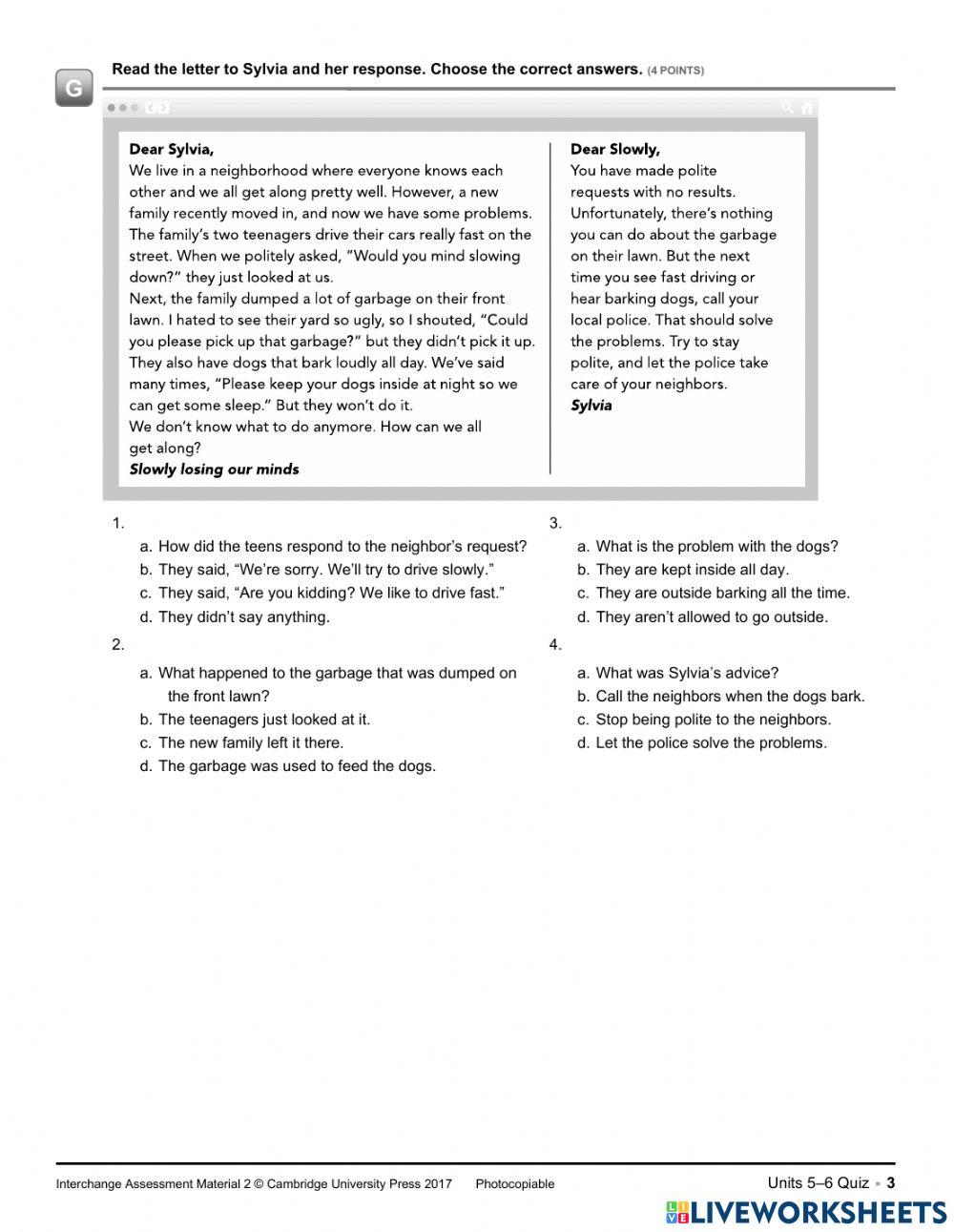 INTERCHANGE B2 QUIZ UNITS 5-6 online exercise for | Live Worksheets