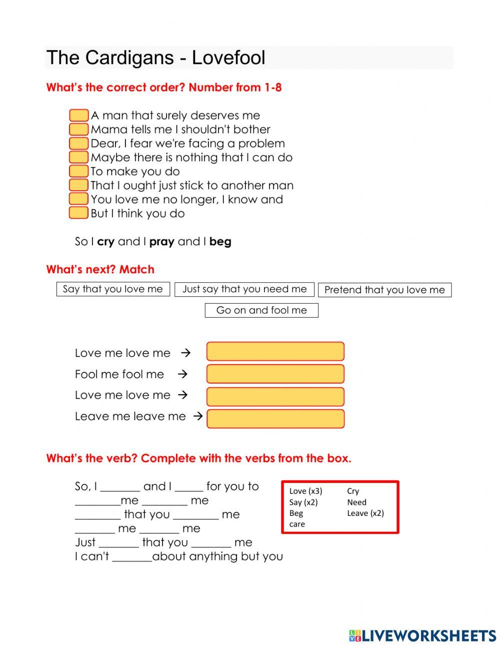 The Cardigans - Lovefool worksheet | Live Worksheets