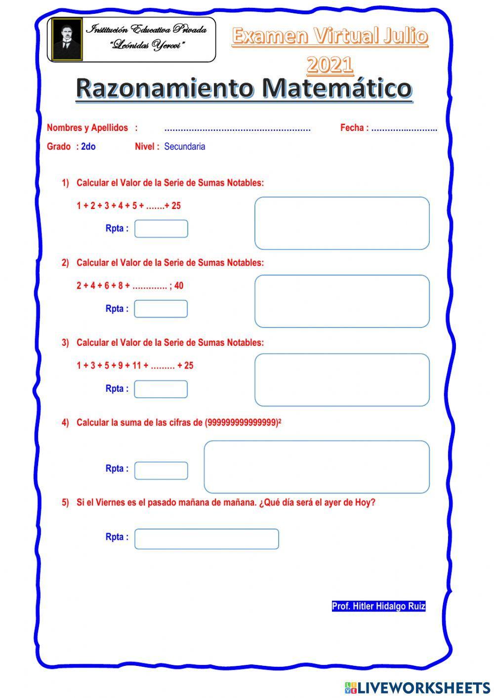 Examen RM 2do Sec. worksheet | Live Worksheets