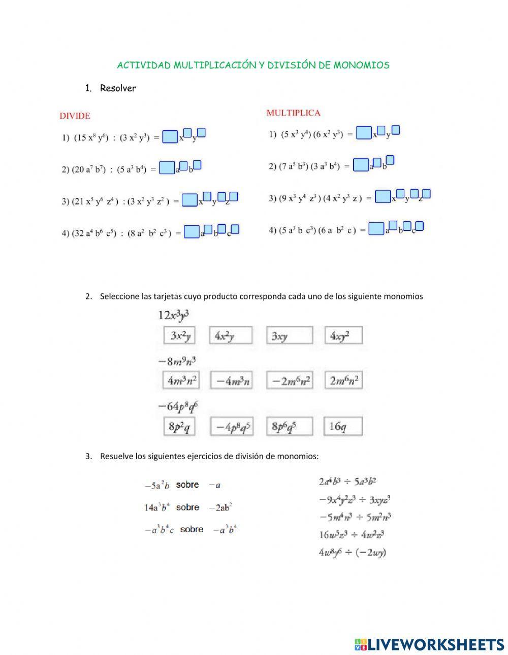 Hoja De Trabajo De División De Monomios En Formato Pdf División De
