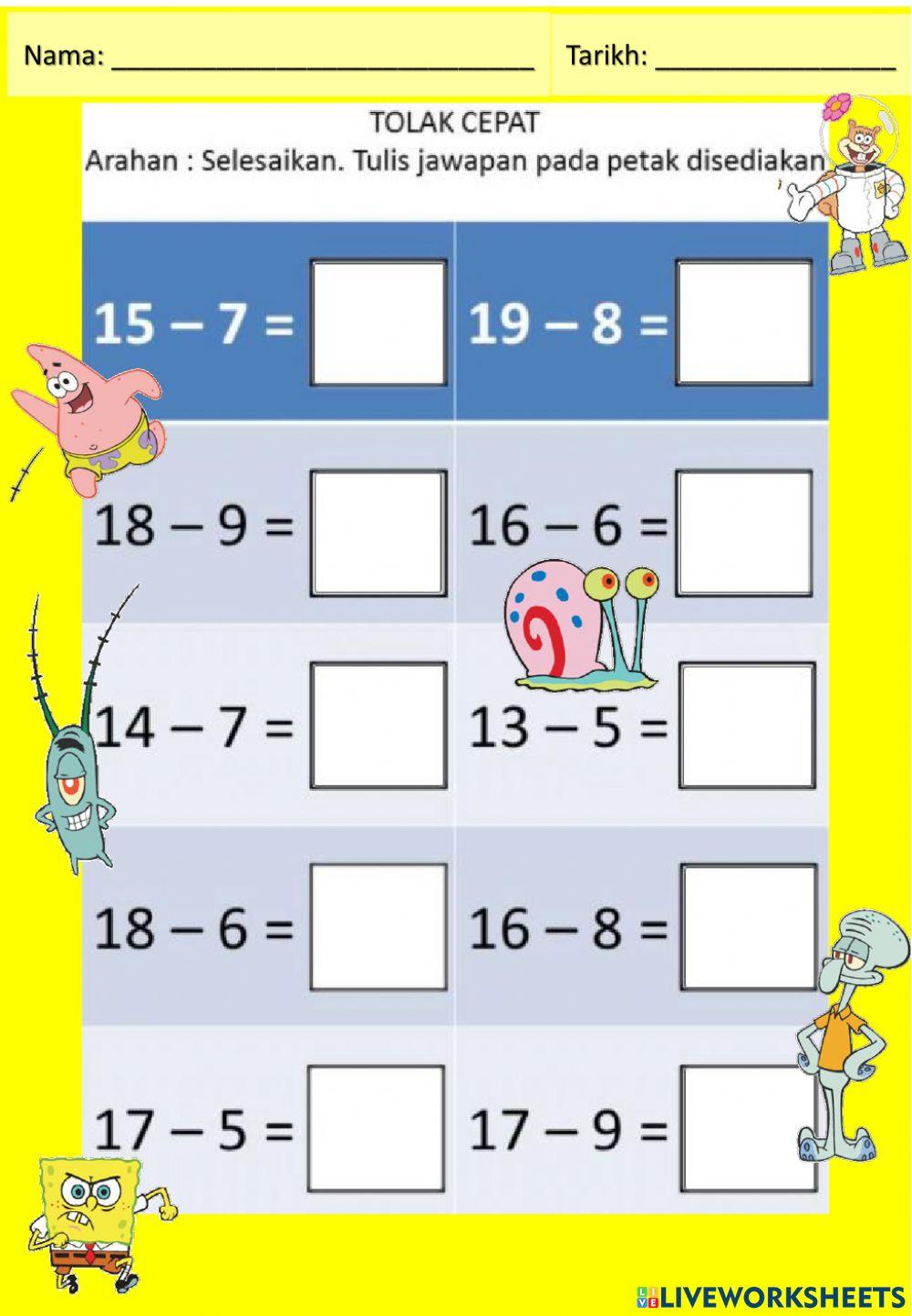 Operasi tolak online exercise for PK | Live Worksheets