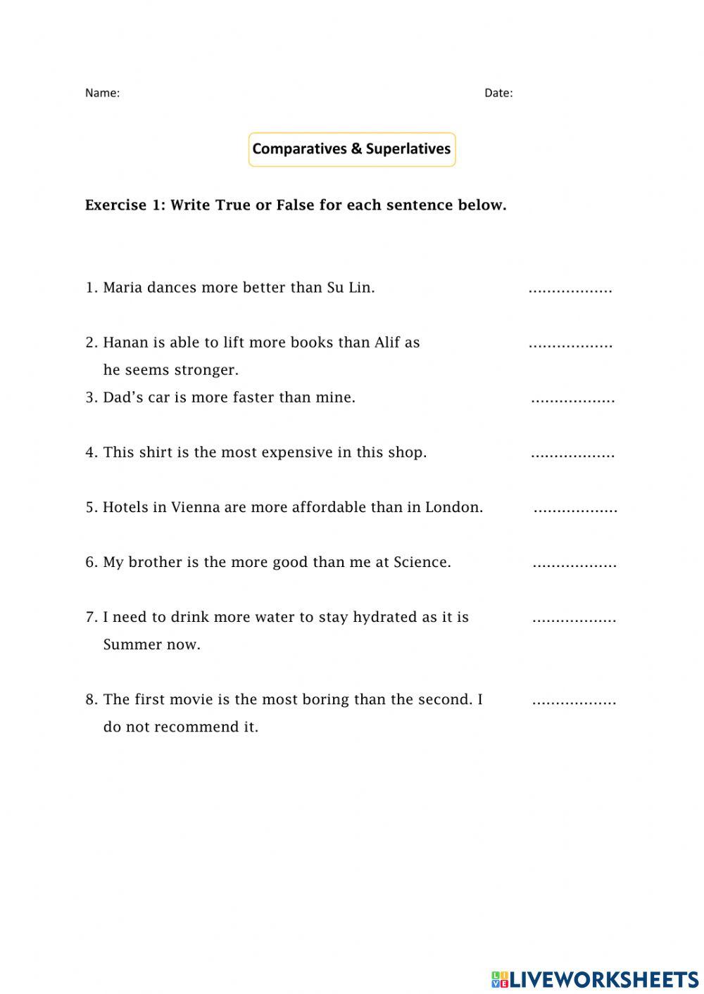 Form 2 True Or False Comparatives Superlatives Online Exercise For form-2-true-or-false-comparatives-superlatives-online-exercise-for
