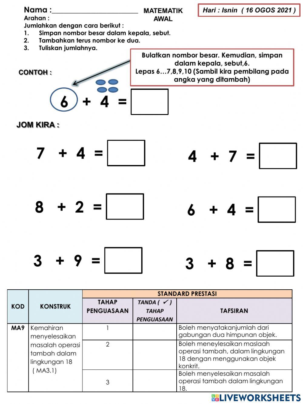 Operasi Tambah online exercise for Tadika | Live Worksheets