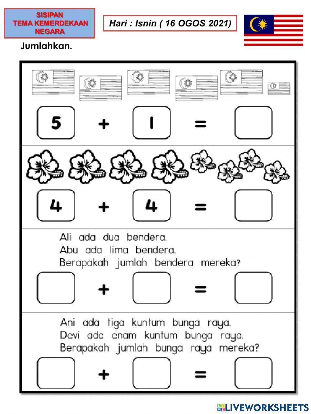 Operasi Tambah online exercise for Tadika | Live Worksheets