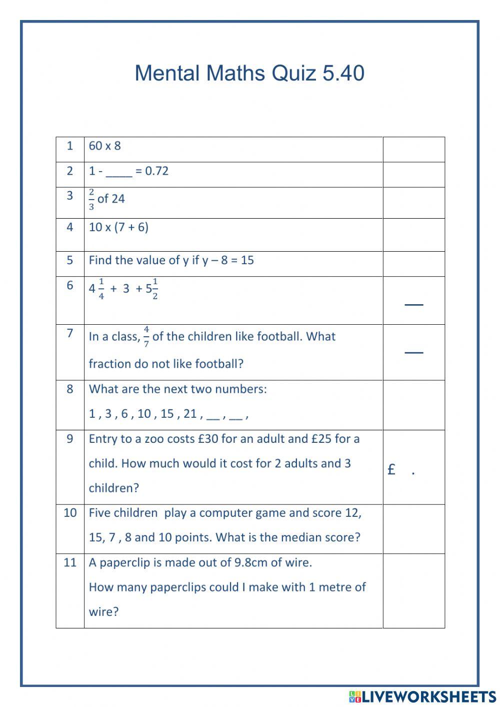 Mental Maths 5.4 worksheet | Live Worksheets