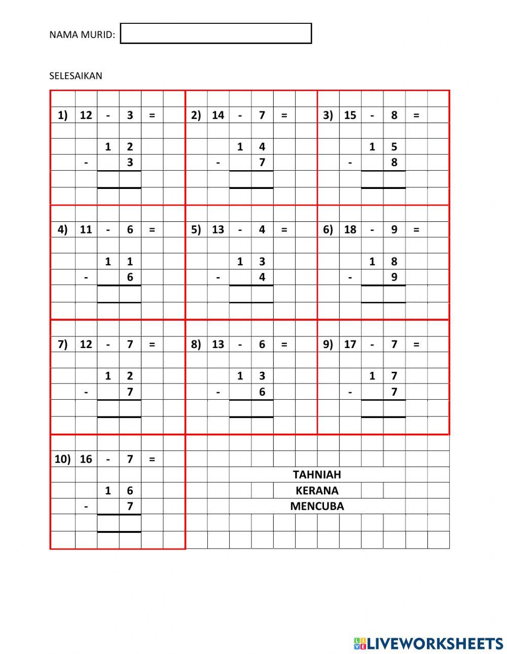 Tolak activity for TAHUN 1 | Live Worksheets