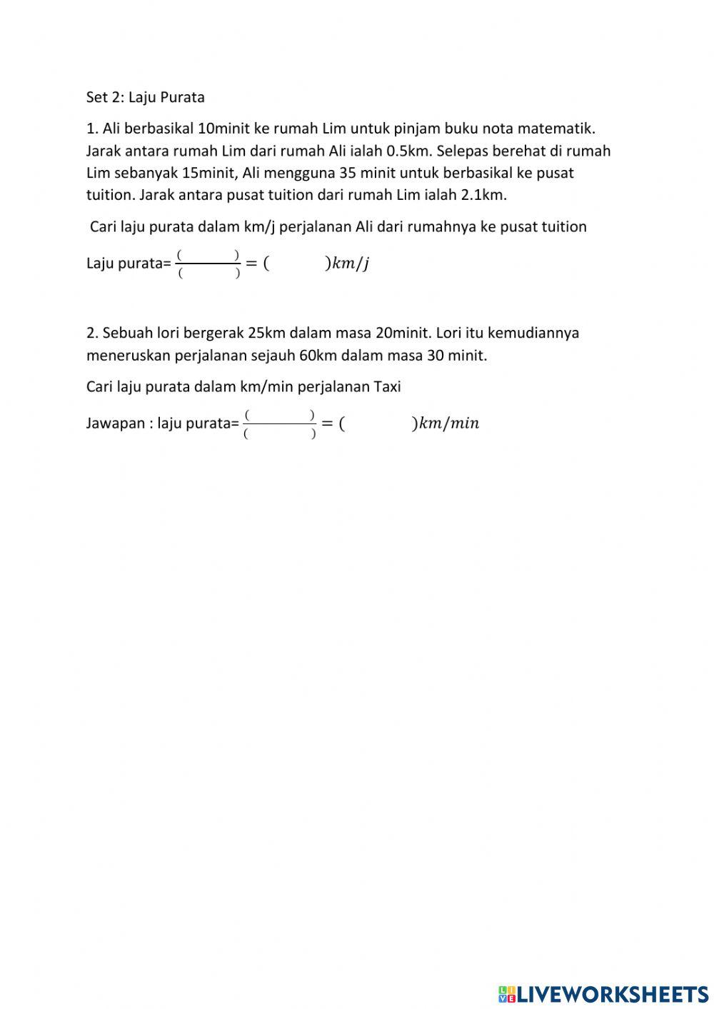 Laju purata worksheet 2 worksheet | Live Worksheets