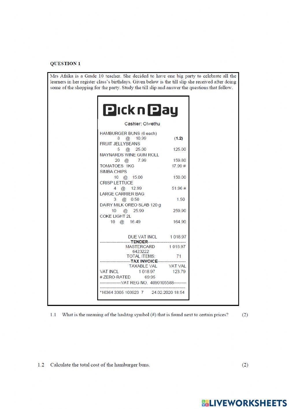 Math Literacy paper 1 worksheet | Live Worksheets
