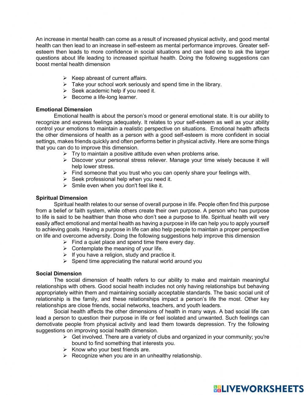 1Q HEALTH 7 LESSON 1: HOLISTIC HEALTH online exercise for | Live Worksheets